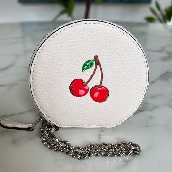 Coach | Bags | Coach Round Coin Case With Cherry Chalk White Leather ...